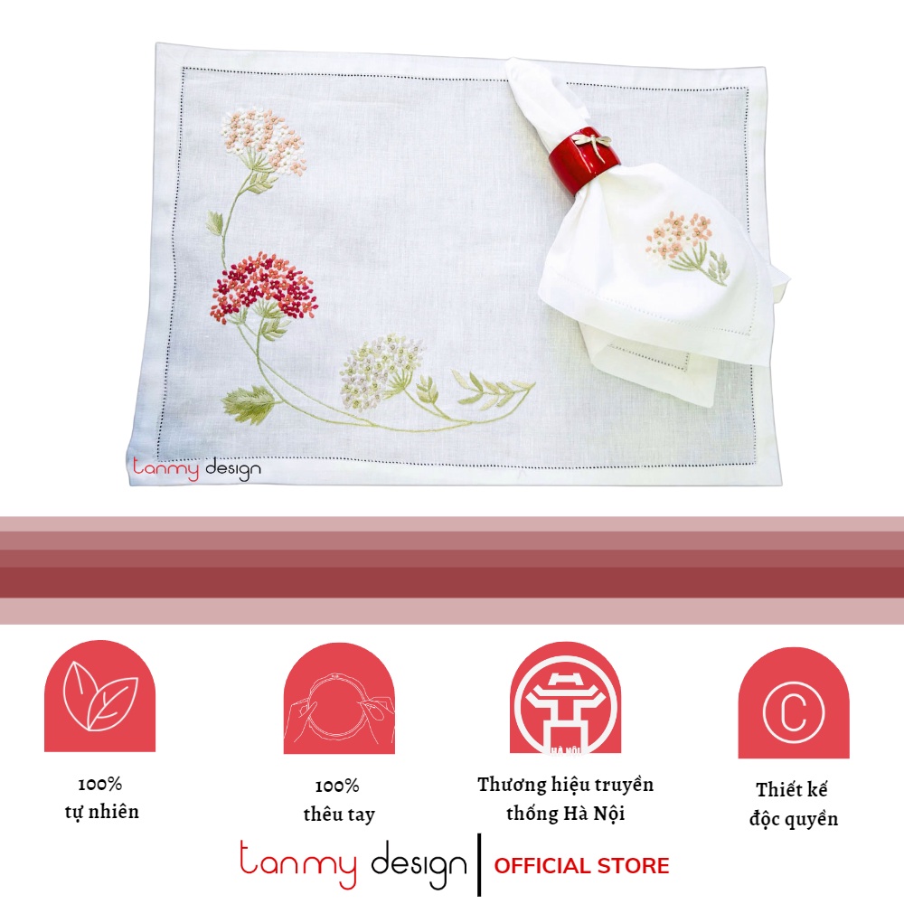 Bộ lót đĩa và khăn ăn thêu tay hoa cẩm tú cầu đỏ - Tanmy Design | Shopee Việt Nam
