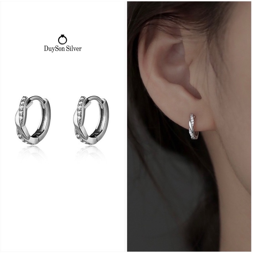Khuyên tai bạc 925 nữ vòng xoắn đính đá, bông tai bạc 925 mạ vàng cao ...