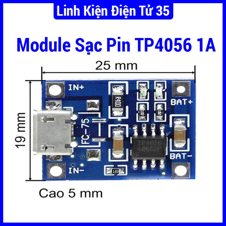 Module sạc pin TP4056 1A micro Type-C 5VDC, được tích hợp đèn LED báo ...