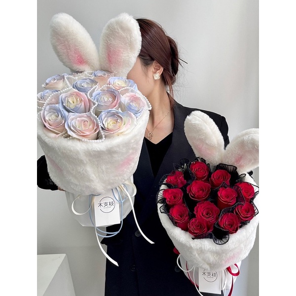 (ẢNH THẬT CUỐI) Bó hoa hồng lông tai thỏ nơ ruy băng - kèm đèn và thiệp ...