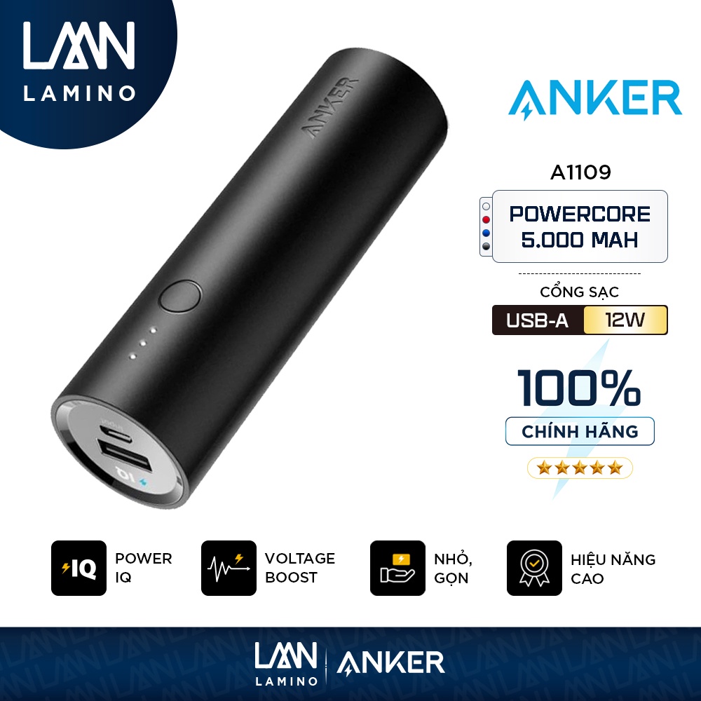 Pin sạc dự phòng ANKER PowerCore 5000mAh siêu nhỏ gọn, công suất 12W- A1109 - PIN KHÔNG CÓ CỔNG ...