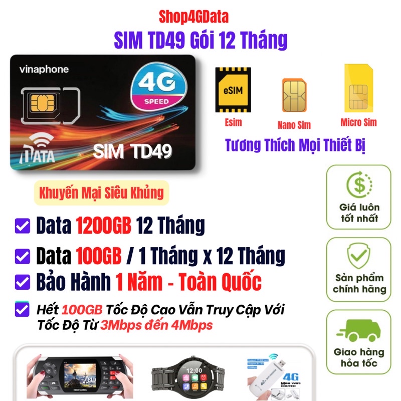Sim TD49 Vinaphone , Data 100GB/Ngày , Tổng 1200GB Sử Dụng 1 Năm , Bảo Hành 12 Tháng | Shopee ...