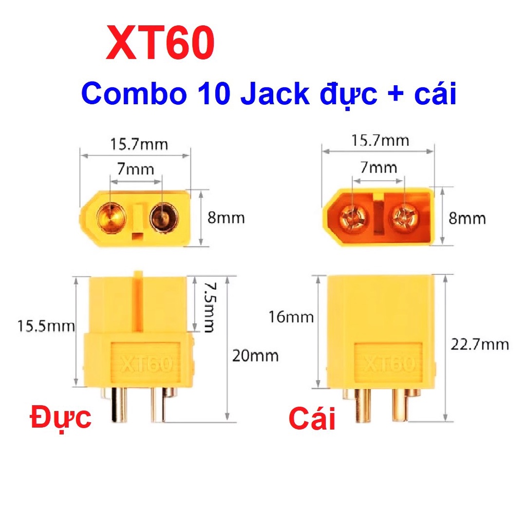 Combo 10 cái jack XT60 (đực + cái). Jack nguồn kết nối Xt60 chân đồng, chịu tải cao 30A / 60A ...