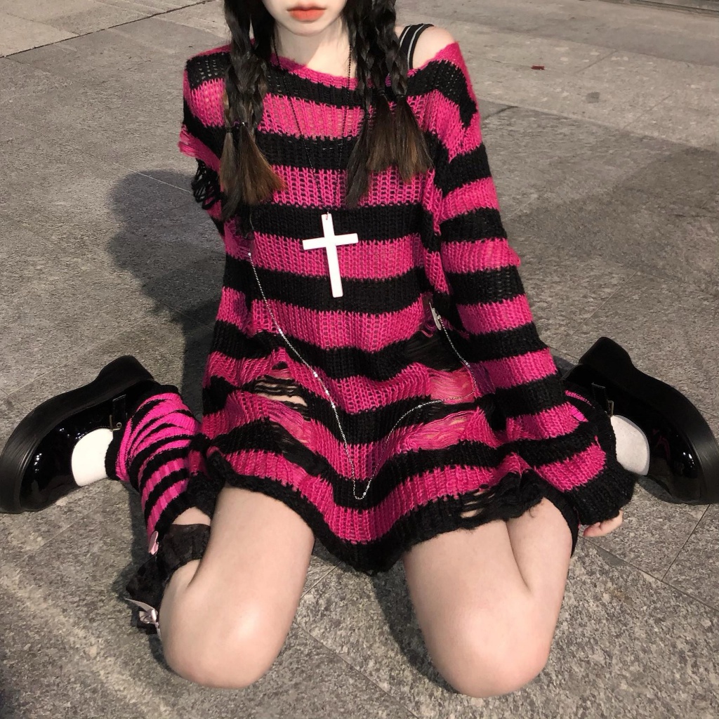 Karrram Áo Sweater Dệt Kim Chui Đầu Dáng Rộng Rách Lỗ Kẻ Sọc Màu Hồng ...