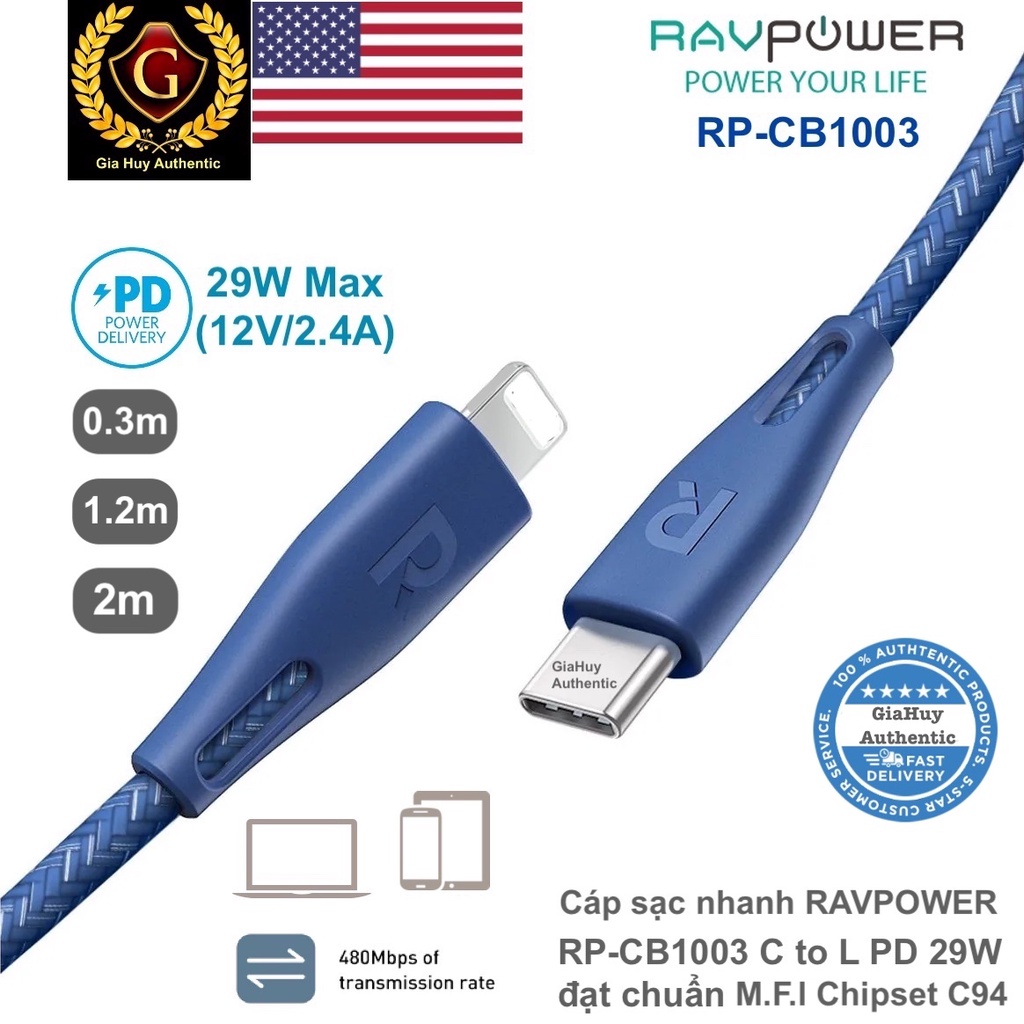 Cáp sạc nhanh RAVPOWER RP-CB1003 C to L PD 29W chuẩn M.F.l Chipset C.94 ...