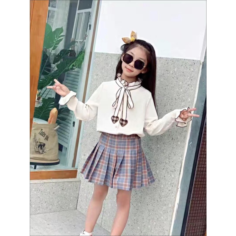 Áo sơ mi dài tay cổ nơ tay loe cho bé gái (Nặng 14-35kg / Cao 110-160cm ...