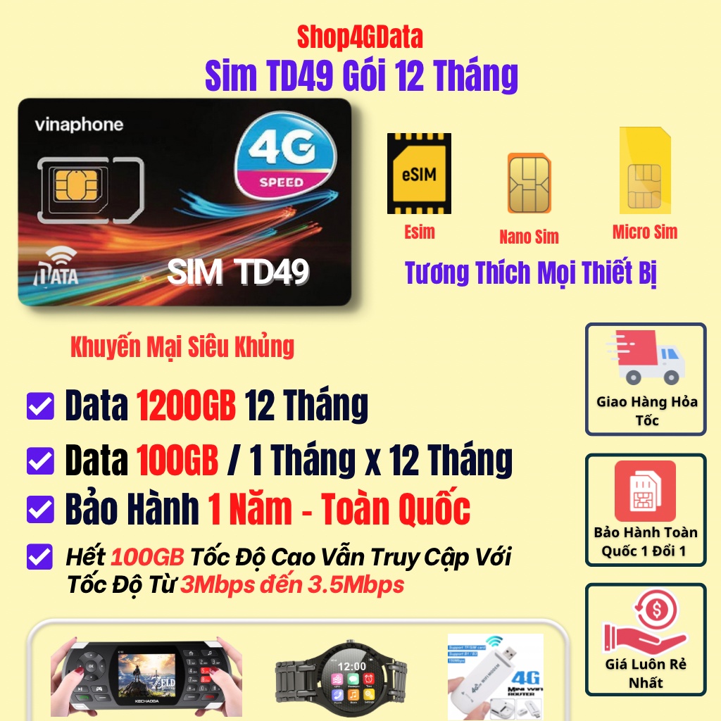 Sim4G TD49 Vinaphone , Tổng Data 1200GB Sử Dụng 1 Năm - Không Giới Hạn ...