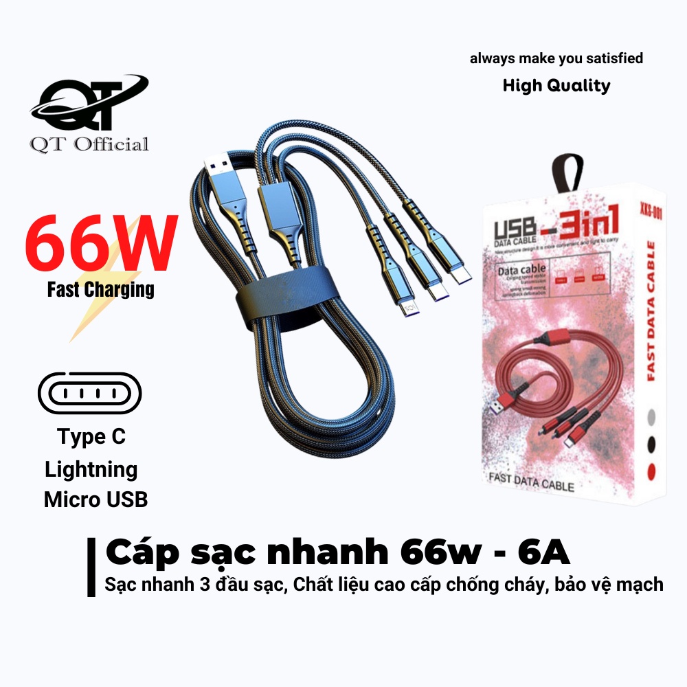 Cáp Sạc 3 Đầu SẠC NHANH 66W-6A 3in1-Micro-Type C Dây Dù Sạc cho Samsung Oppo Xiaomi IP- QT ...