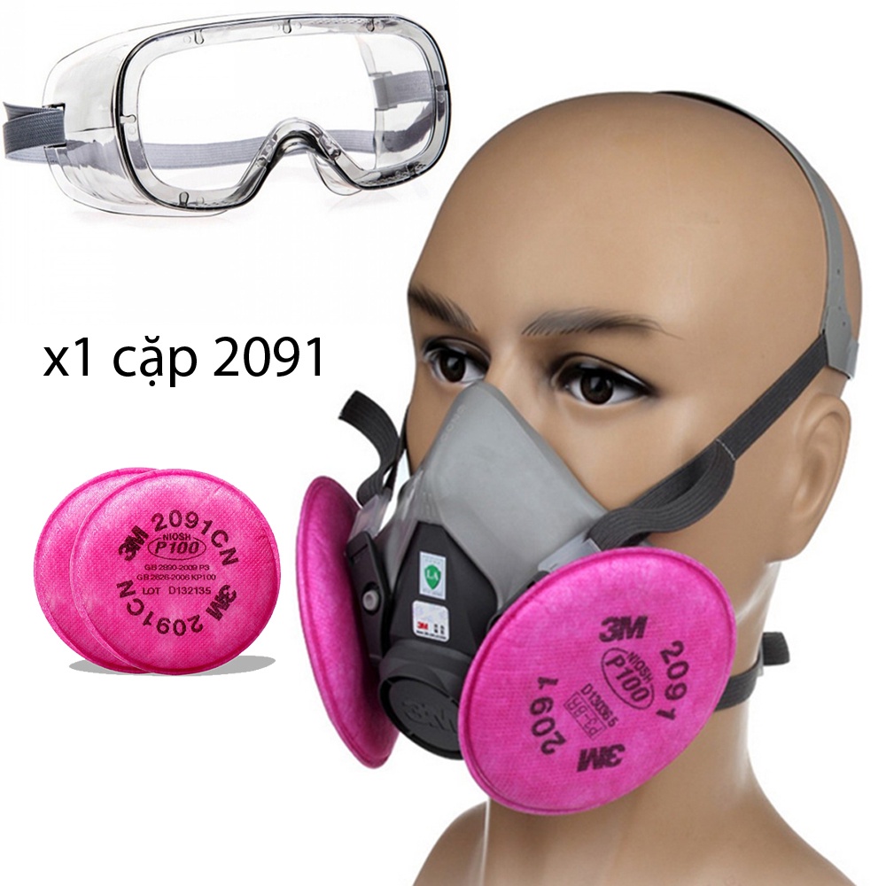 Bộ Mặt nạ khẩu trang phòng độc 3M 6100 kèm phin lọc 3M 2091 có kính chống hoá chất chống bụi ...