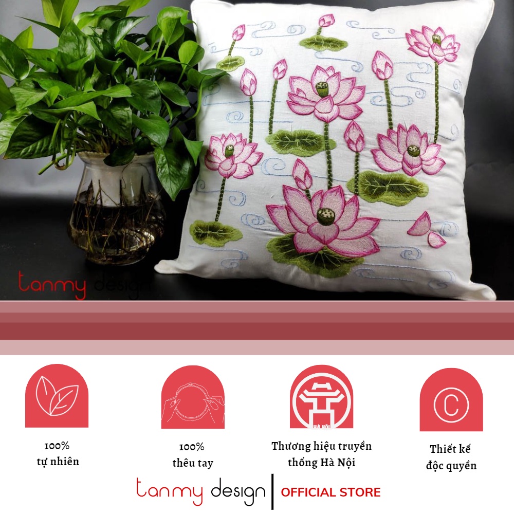 Vỏ gối vuông tựa lưng sofa 45x45 cm thêu tay hoa trinh nữ Tân Mỹ Design ...