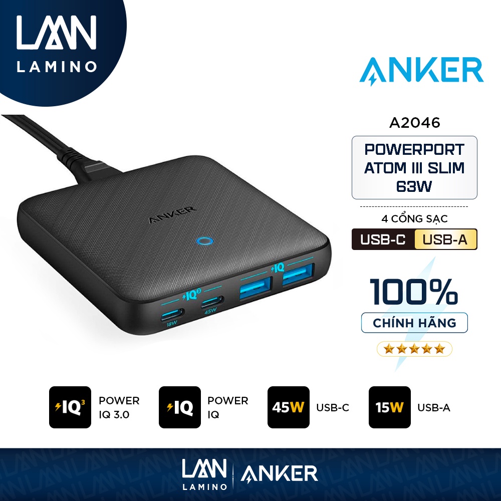 Sạc Anker 4 cổng PowerPort Atom III Slim 63w - A2046 LAMINO | Shopee Việt Nam