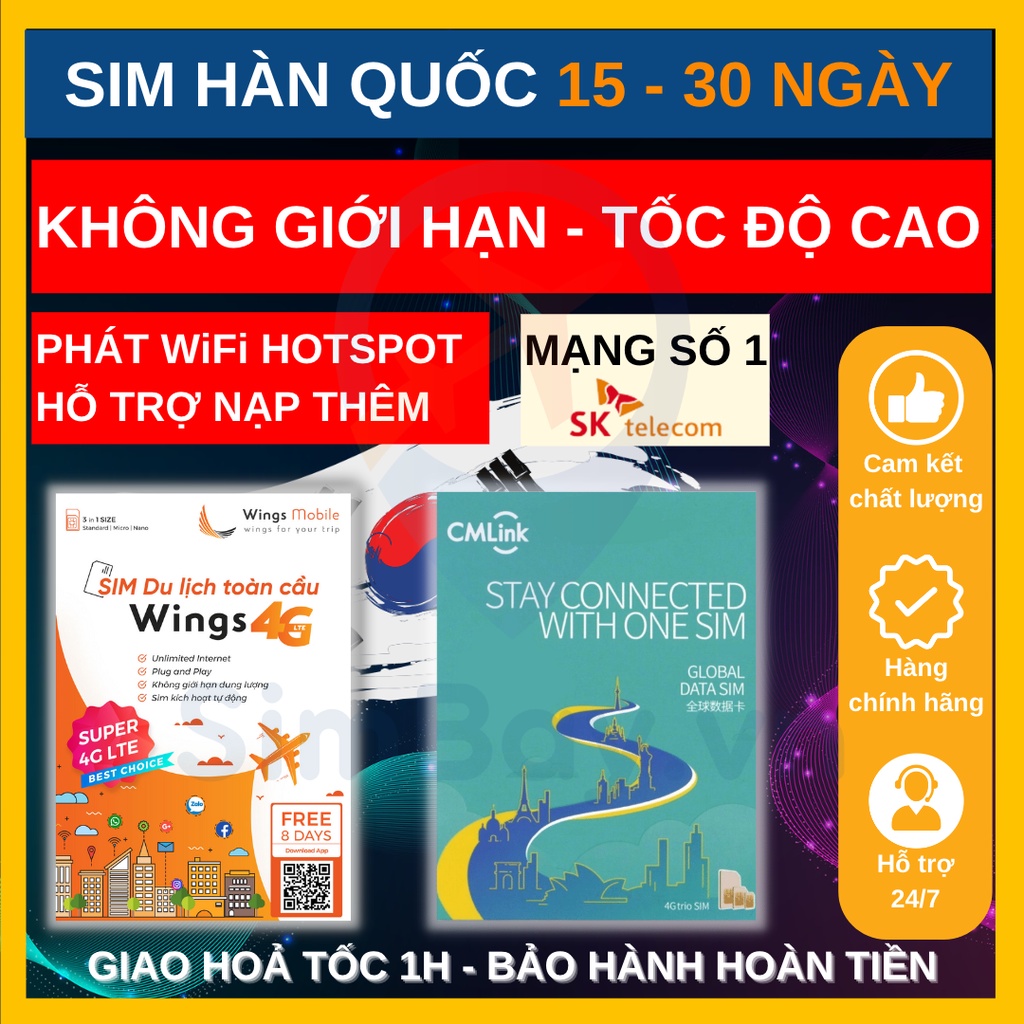 Sim Nhật Bản Hàn Quốc Đài Loan dài ngày 15 30 ngày mạng mạnh nhất 4G 5G Softbank SK Telecom SKT ...