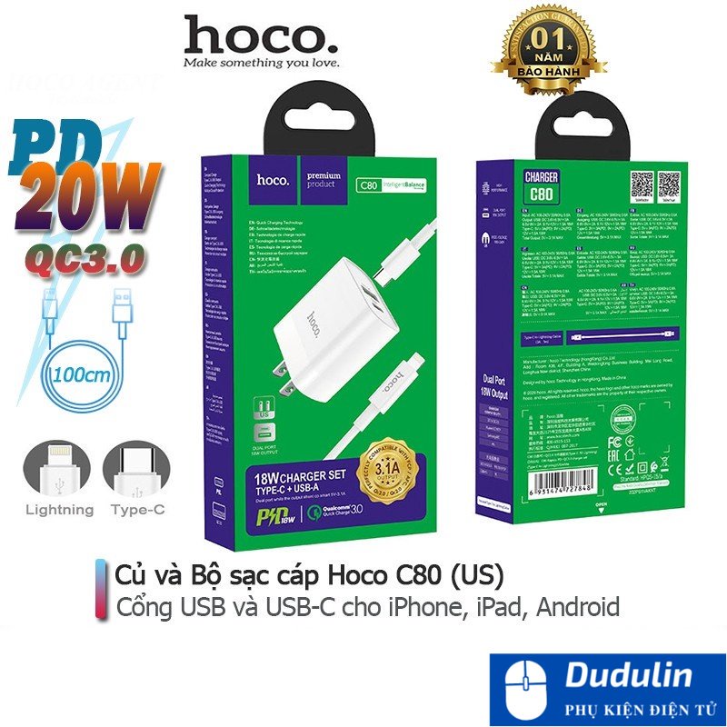 Củ sạc nhanh và Bộ sạc nhanh Hoco C80/C80A Plus dòng PD 20W, QC3.0, 2 cổng, dây cáp dài 1m chính ...