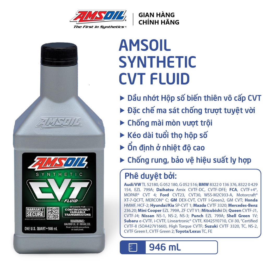Dầu Hộp Số Biến Thiên Vô Cấp Amsoil Synthetic CVT Fluid 946ml | Shopee ...