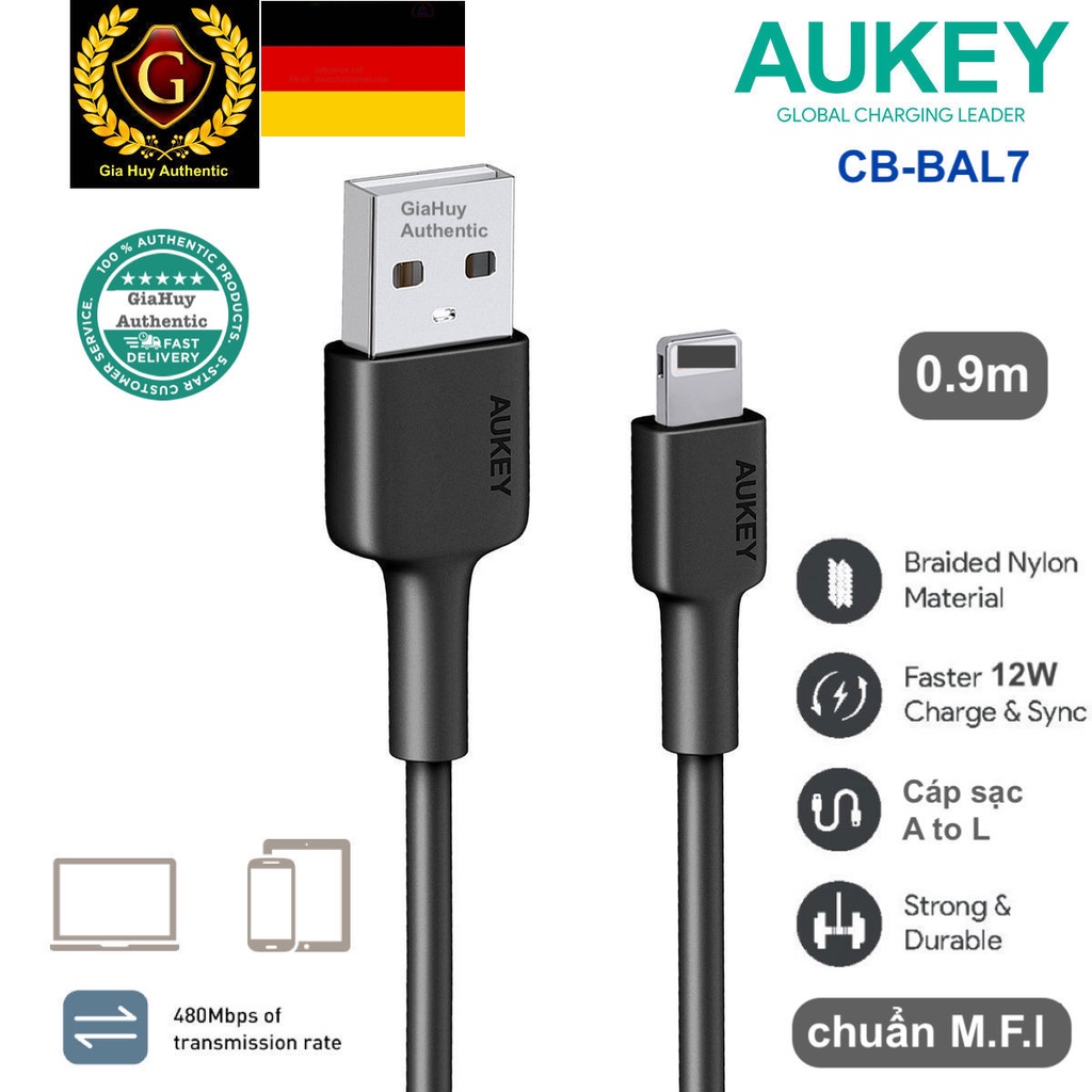 Cáp sạc bện nylon AUKEY CB-BAL7 A to L 12W chuẩn M.F.l chiều dài 0.9m ...