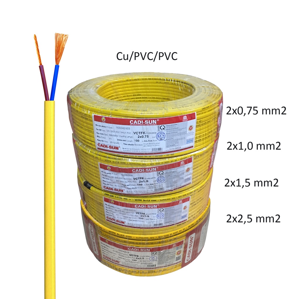 Sỉ cuộn 100m Dây điện đôi bọc ovan dẹt vỏ mềm 2x0,5 2x0,75 2x1 2x1,5 2x2,5 Cu/PVC/PVC Cadisun W0 ...
