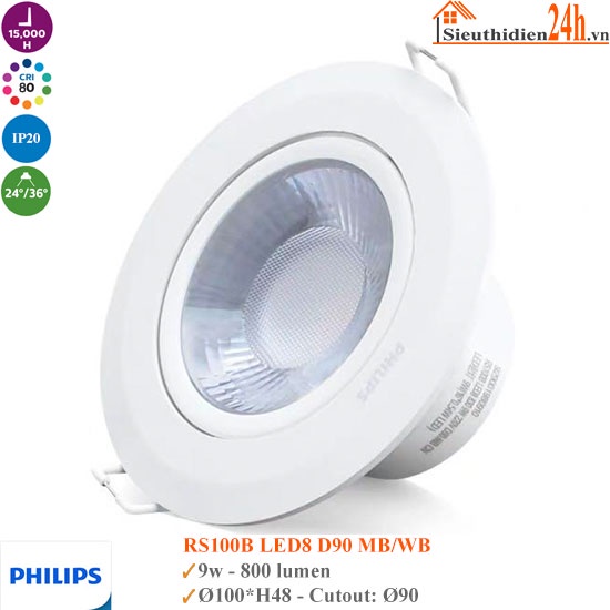 [PHILIPS CHÍNH HÃNG] Đèn Spotlight Âm Trần Philips 9W RS100B Led8 lỗ khoét 90 trắng/trung tính ...