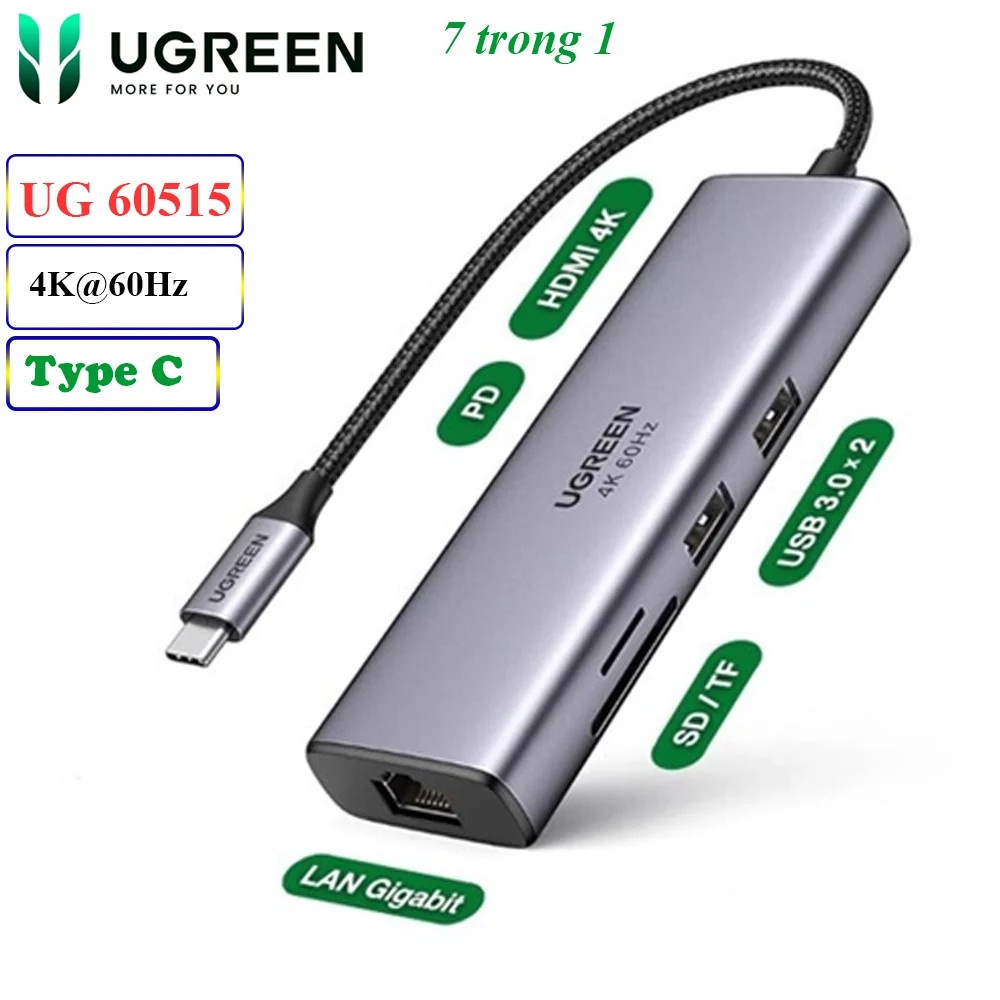 Bộ chia cổng USB C 7 in 1 Ugreen 60515 90568 15598 CM512 (HDMI 4K@60Hz - Lan 1GB+PD100W ...