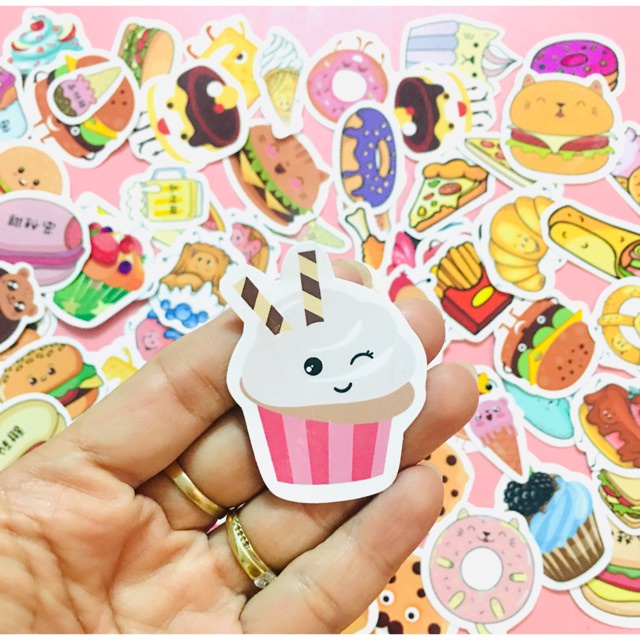 Bộ 30-50 Sticker hình bánh kem ép lụa , Sticker food xinh dễ thương ...