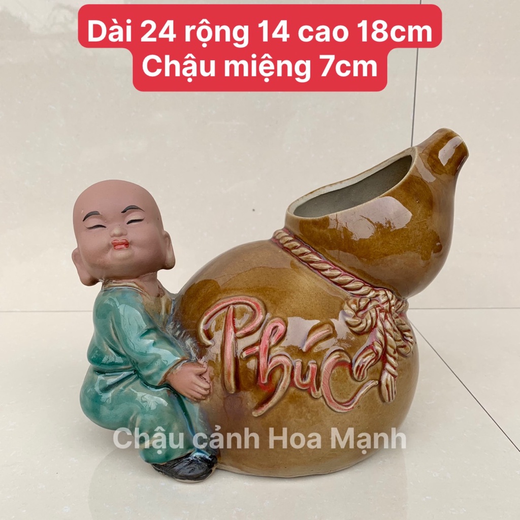 Chậu tượng chú tiểu ôm hồ lô men xanh ngọc SP528 | Shopee Việt Nam