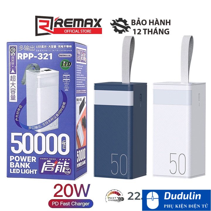 Pin dự phòng sạc nhanh Remax RPP-321 dung lượng 50000mAh đèn pin chiếu sáng - hỗ trợ QC 22.5 và ...