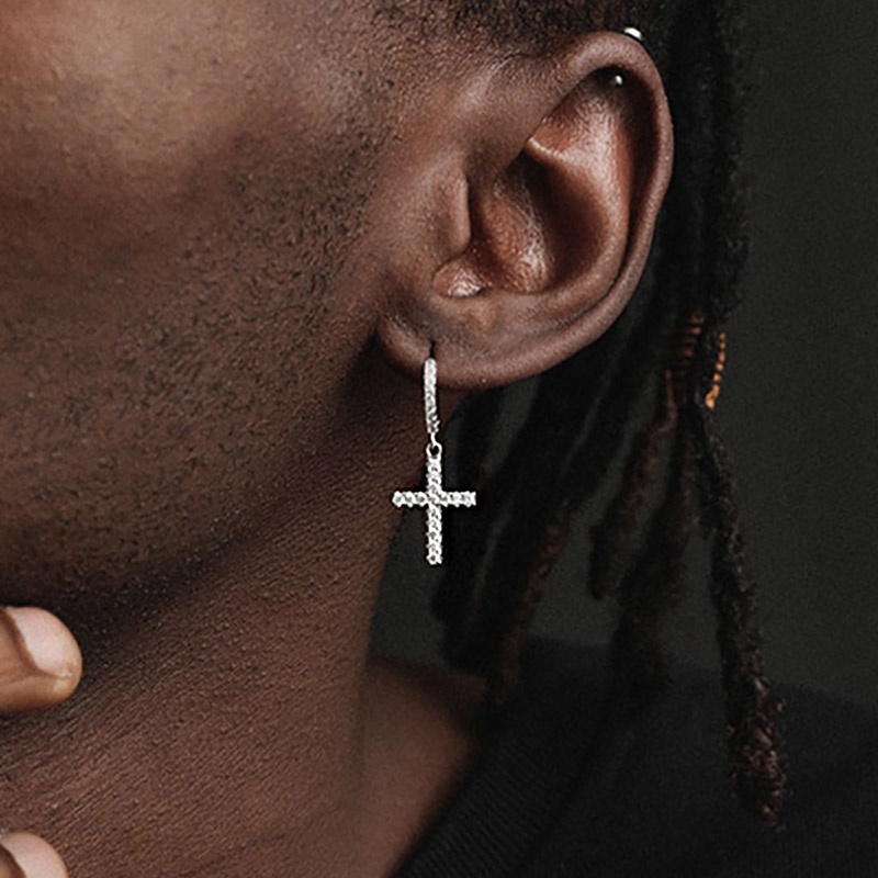 Hip Hop Cross Pendant Dangle Earring For Men Iced Out Zircon Hoop ...
