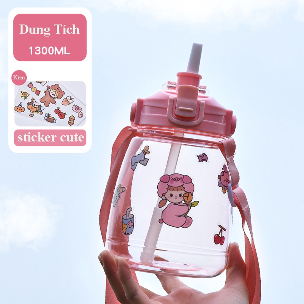 Bình Đựng Nước Siêu Bền, Đẹp Dung Tích 1300ml, Tặng Kèm Sticker kute ...