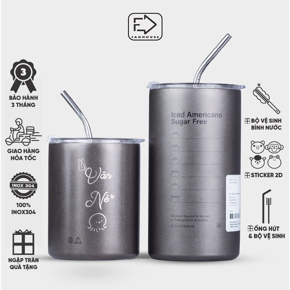 Ly giữ nhiệt Iced Americano 350 & 600ml cốc giữ nhiệt inox khắc tên, Fan House tặng sticker, ống ...