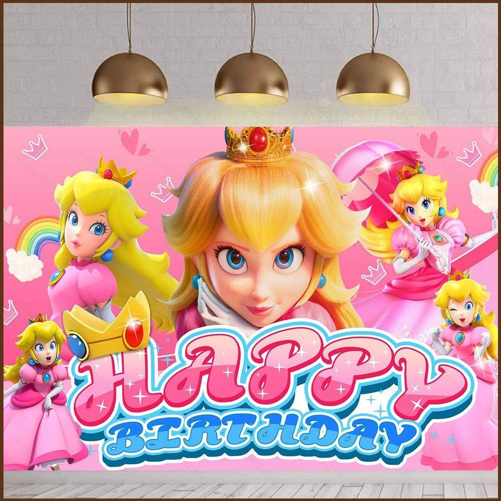 Kira princess peach mario birthday theme backdrop banner party trang ...