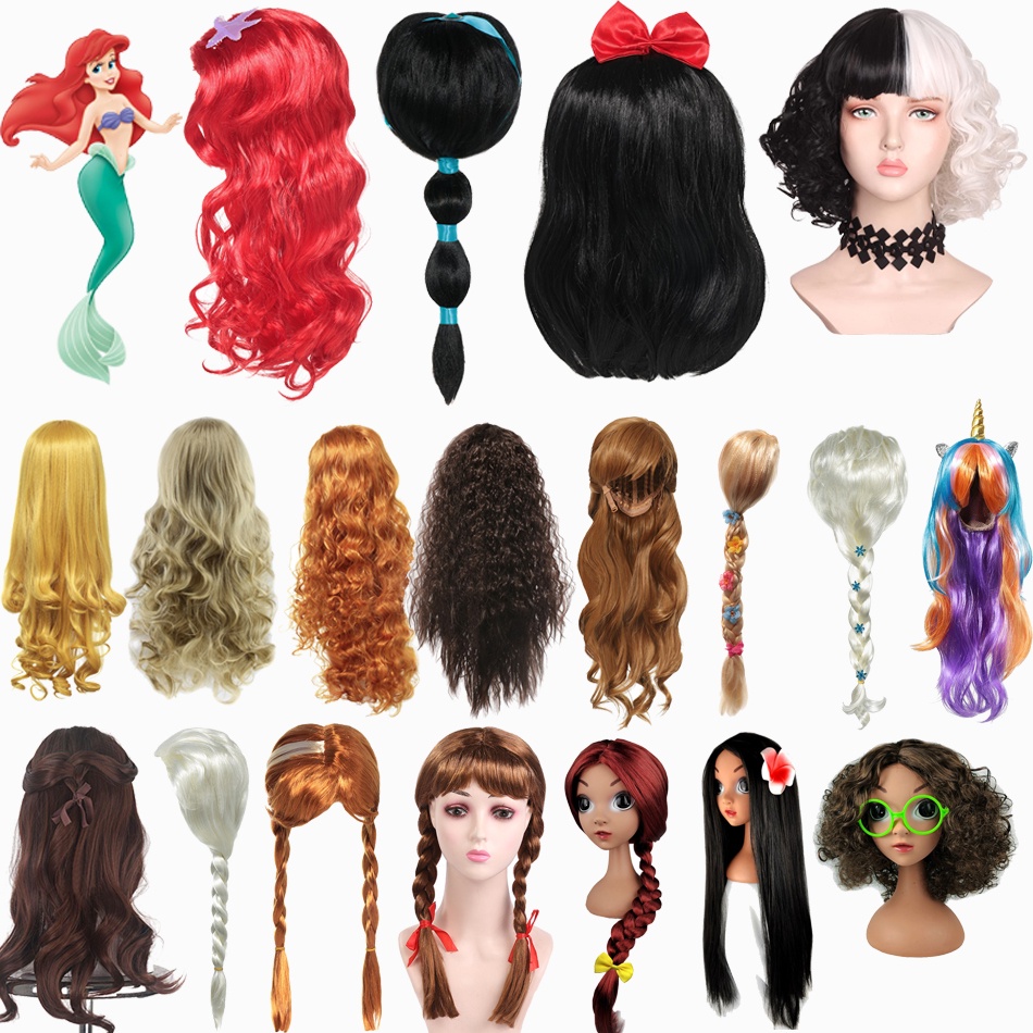 Disney frozen princess girls anna elsa cosplay wig kids little mermaid ...