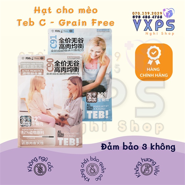 Hạt cho mèo Teb C Thức ăn cho mèo Grain Free với thịt sấy khô dưỡng lông và hỗ trợ tiêu hóa (2kg ...