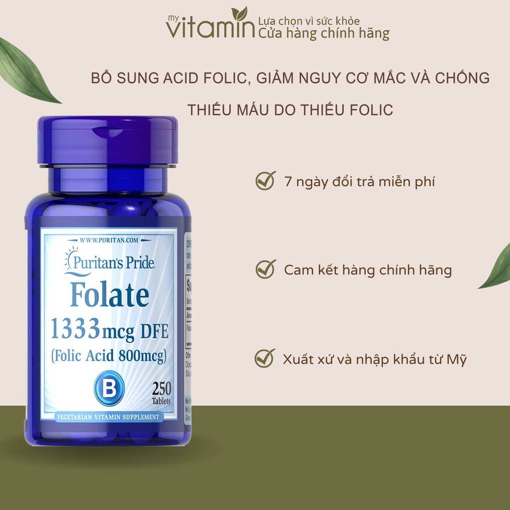 Viên Ngăn Ngừa Thiếu Máu Bổ Sung Folic Acid 800 mcg Puritan’s Pride ...