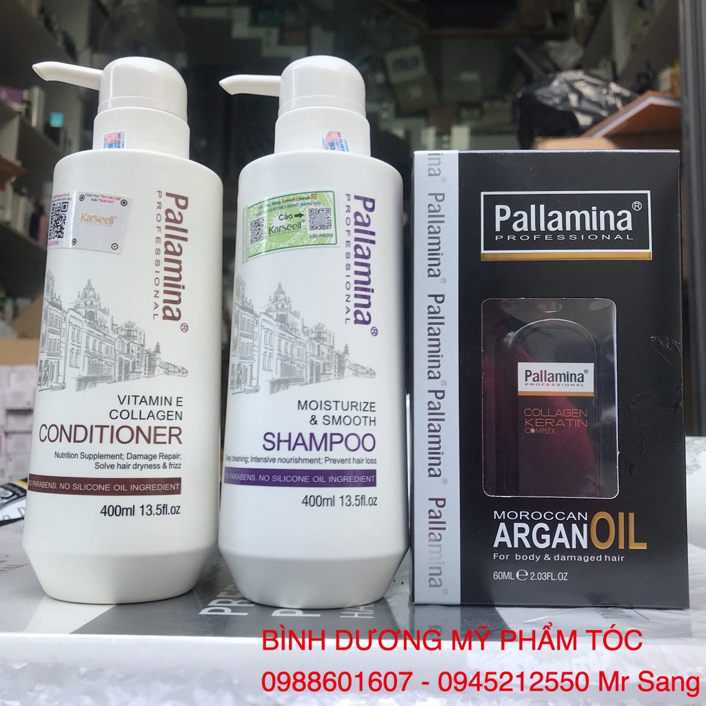 Trọn bộ gội, xả, tinh dầu dưỡng tóc Pallamina Vitamin E Collagen ...