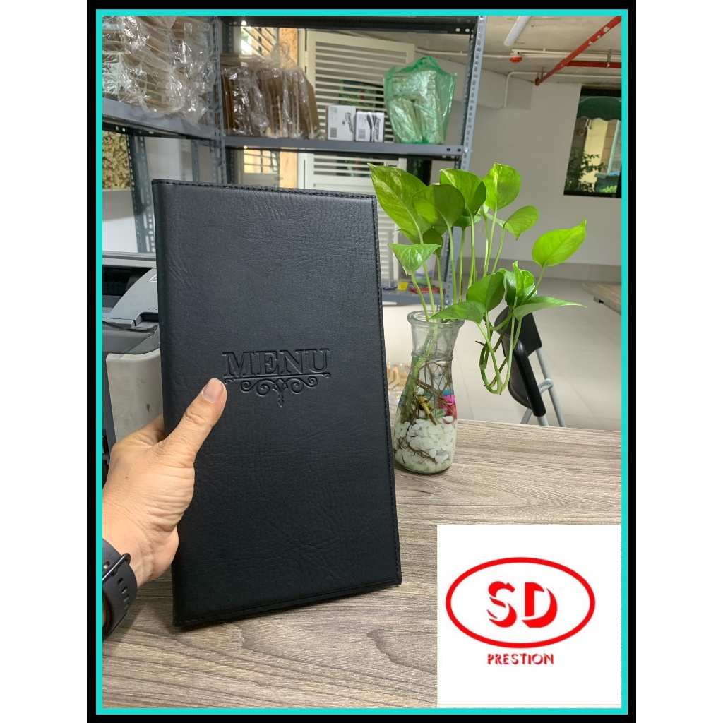 Bìa da Menu A4 nhỡ 15x30cm ép chìm màu đen kích thước 10 lá cho nhà ...