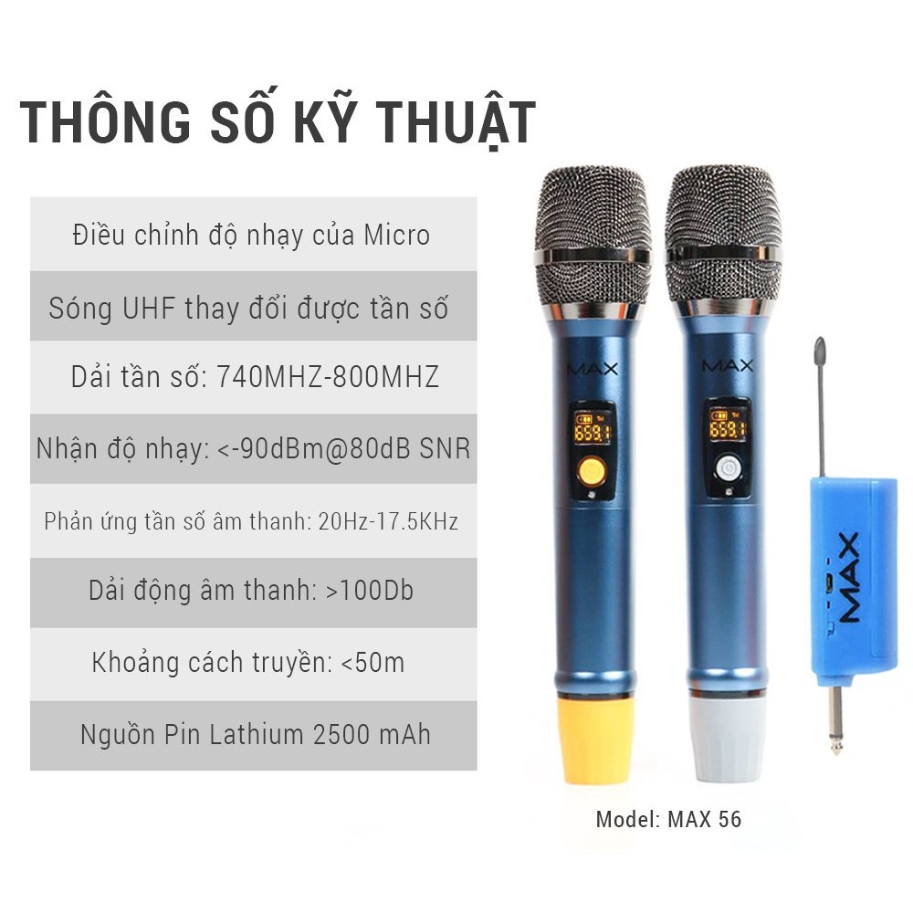 Miccro hát karaoke MAX56 chính hãng kết nối UHF bắt sóng xa 50 mét, bắt ...