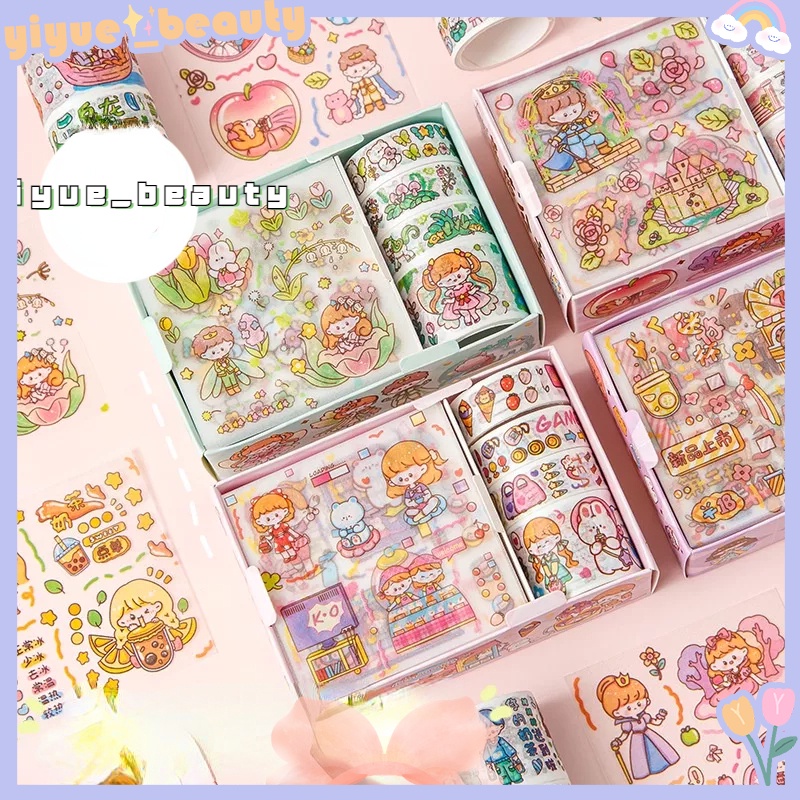 Hộp 8 món băng keo dính Washi tape + sticker dán trang trí sổ lưu niệm ...