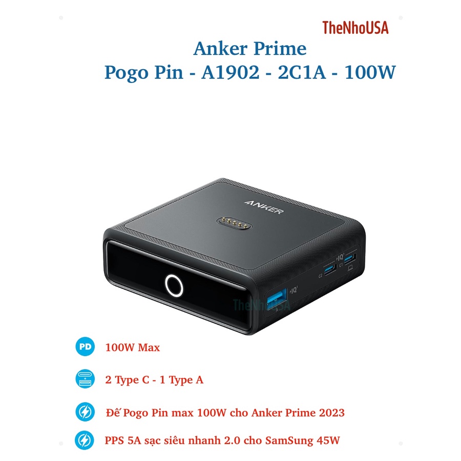 Trạm sạc nhanh Anker Prime A1902 100W Pogo Pin Max 100W 2C1A PD PPS SCP ...