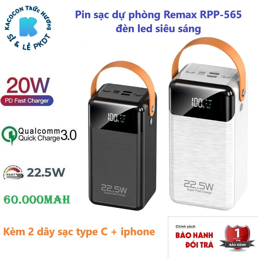 Pin dự phòng Remax RPP 565 60000mAh QC 22.5W và PD 20W, kèm sẵn 2 cáp sạc type C + LN , đèn ...