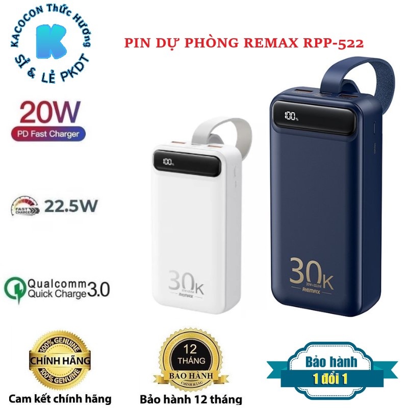Pin dự phòng RPP 522 30000mAh 2 cổng USB QC3.0 22.5W và TypeC PD công ...