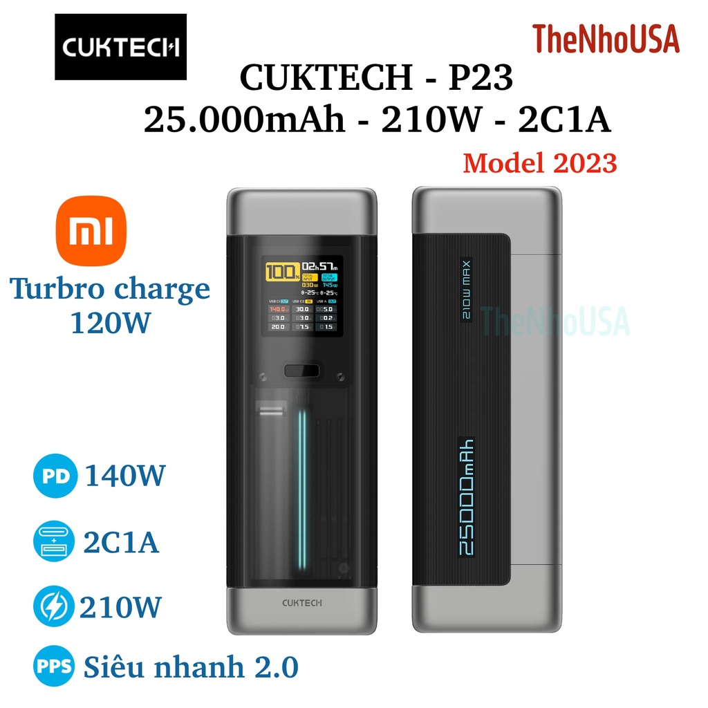 Pin sạc dự phòng 210W Cuktech P23 25000mAh 2C1A Màn Led đa năng PD 3.1 PPS5A QC Mi Turbro 120W ...