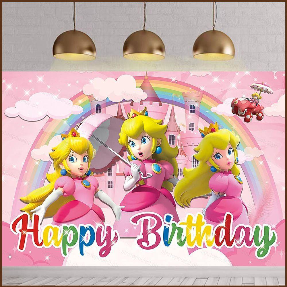 Kira princess peach mario birthday theme backdrop banner party trang ...