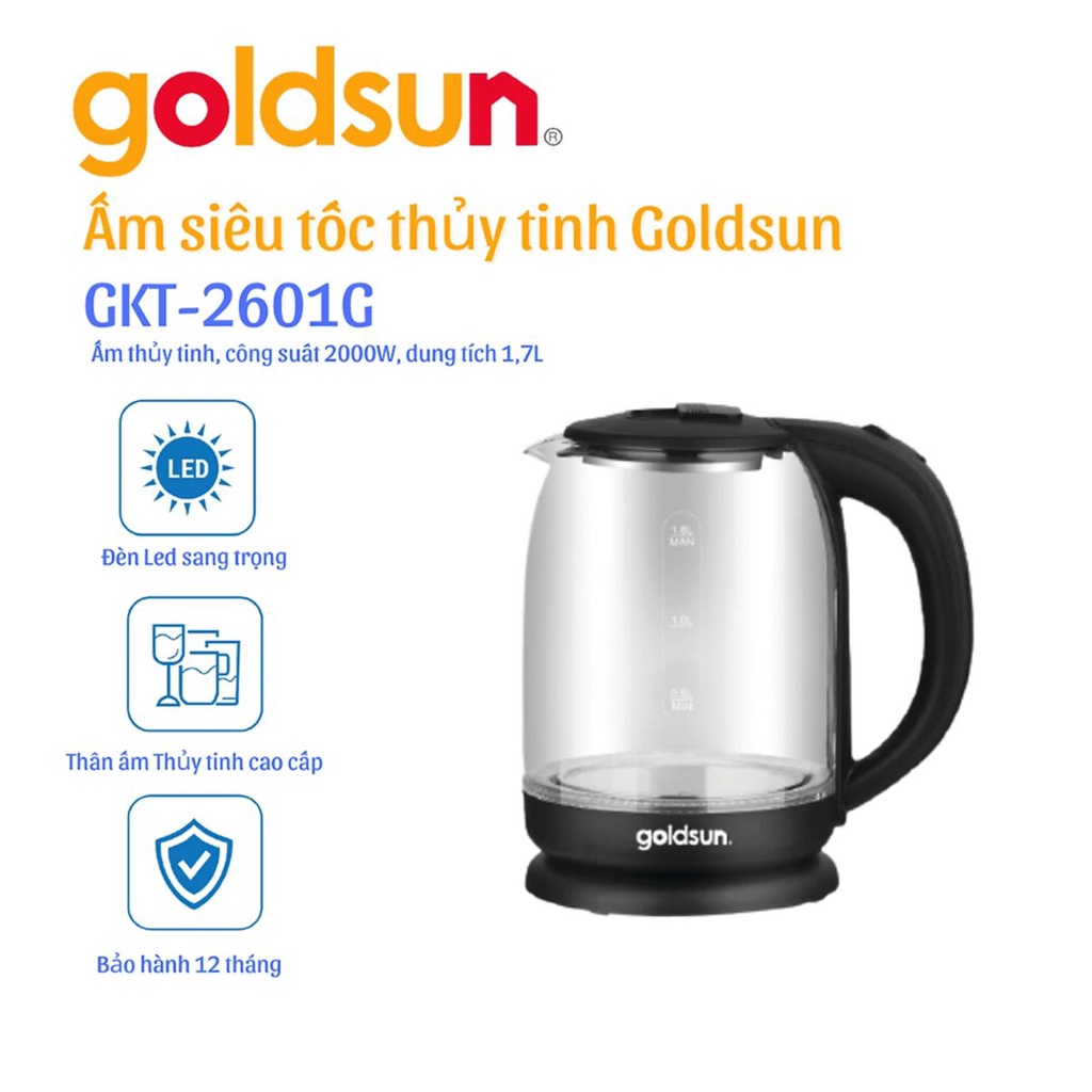 Ấm siêu tốc thủy tinh có đèn LED Goldsun GKT2601G 1.8L 1800W bình đun ...