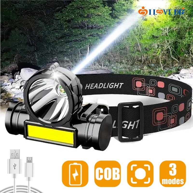 COB Dual Light Headlamp/ Portable USB Rechargeable Camping Head Torches ...