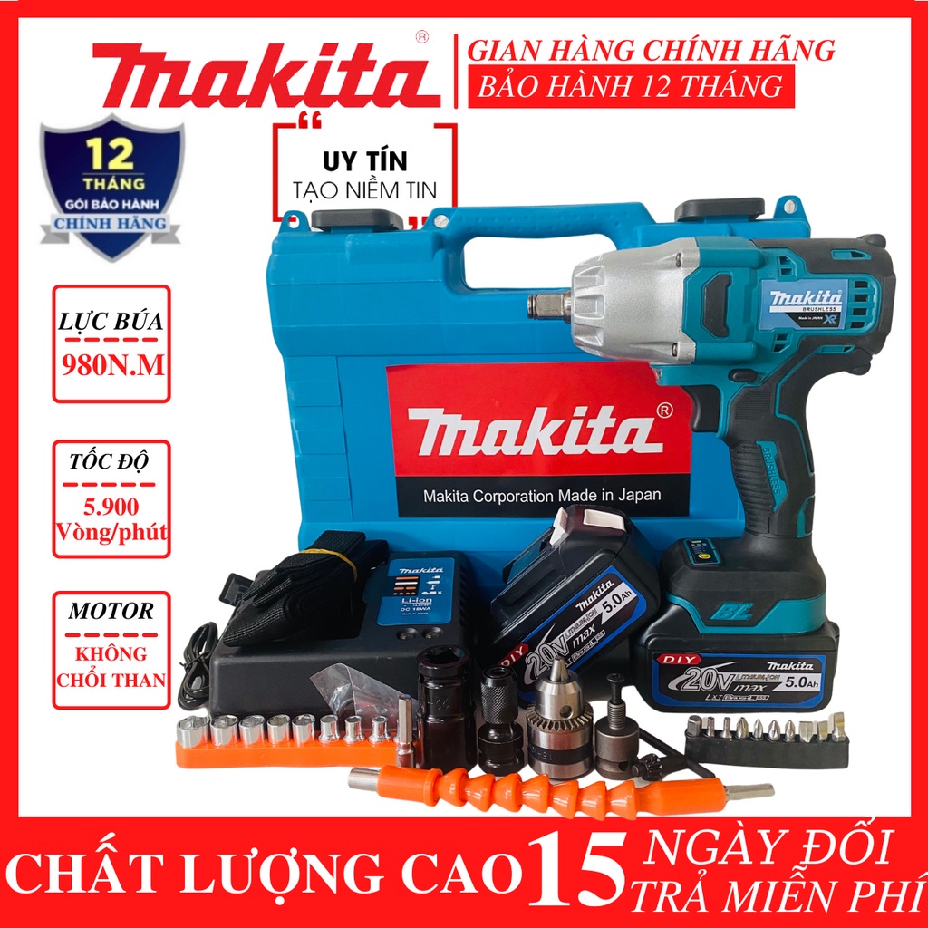 Máy Siết bulong ô tô Makita 199v lực siết 980 N.m - 2 PIN 15 cell - Máy bắn bulong lực siết Lớn ...