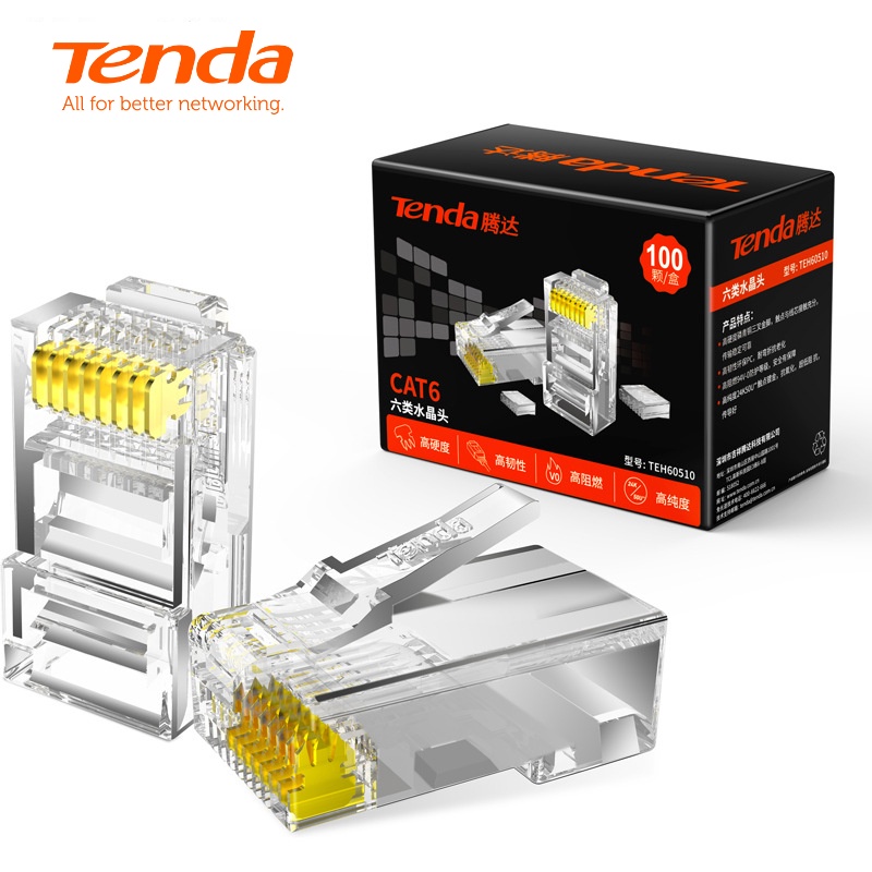 Đầu mạng RJ45 Tenda TEH60510 CAT6 mạ vàng 24K chống nhiễu có hạt dẫn ...