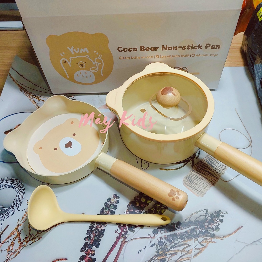 [KÈM QUÀ TẶNG] Bộ Nồi Chảo Gấu CoCo Bear Chống Dính Cho Bé, Đáy Từ Xịn Sò, Quấy Cháo, Chế Biến ...