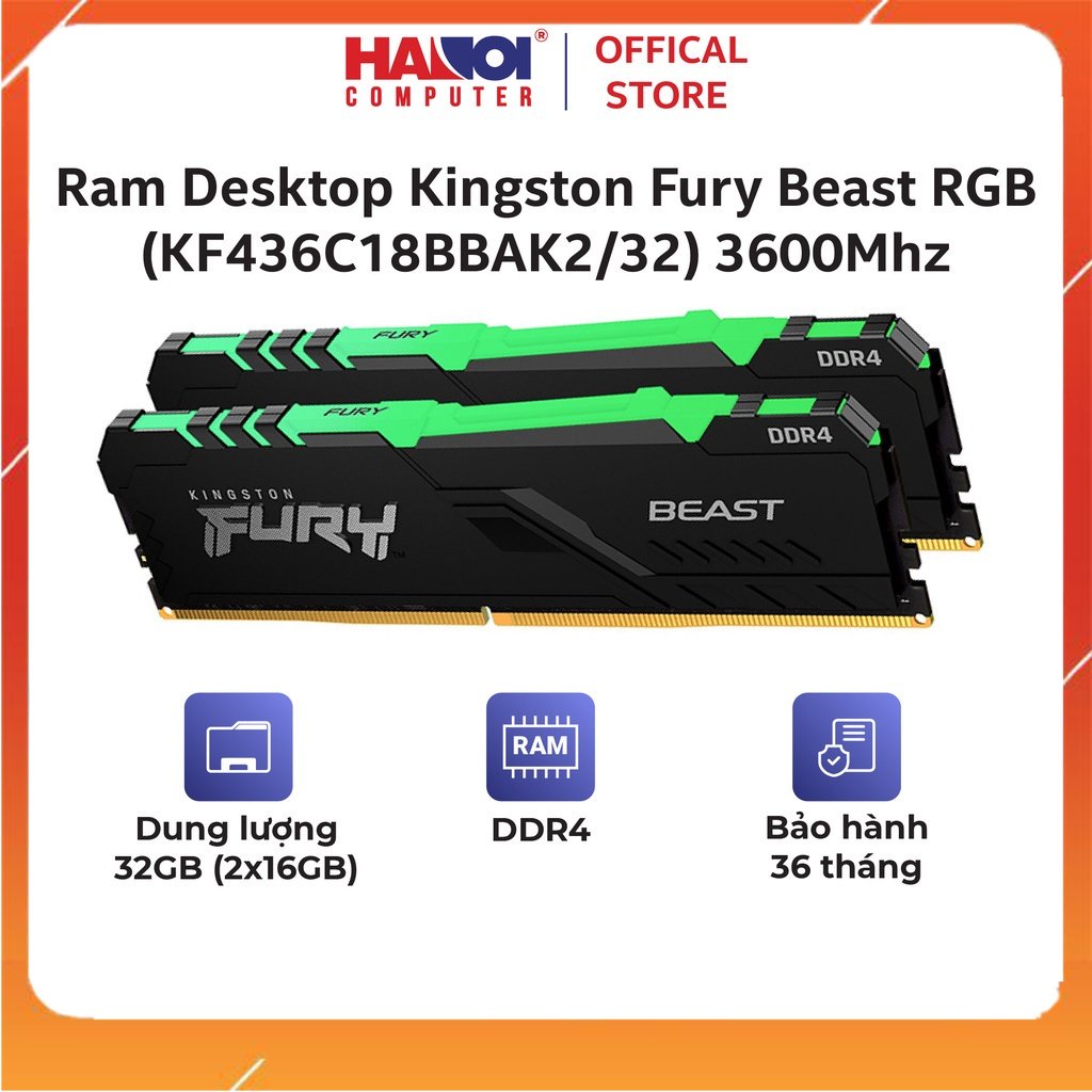 Ram Desktop Kingston Fury Beast RGB 32GB (2x16GB) DDR4 3600Mhz | Shopee Việt Nam