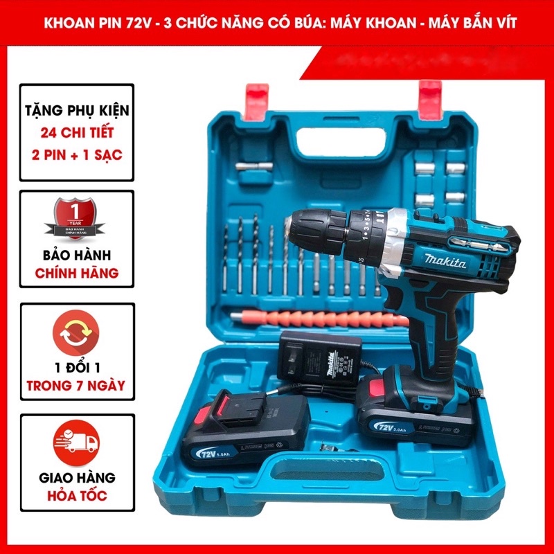Máy khoan pin 72V Makita 3 chức năng khoan tường,bắn vit,mở bulong- Tặng kèm 24 chi tiết gồm các ...