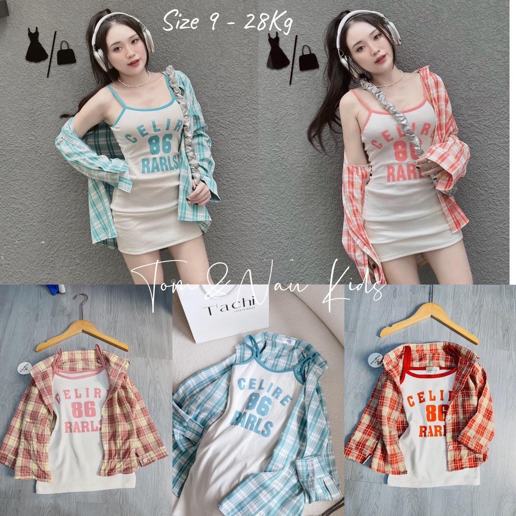 (S2962)(Size 9-28Kg) Set đầm dây body kèm áo sơ mi caro cho bé gái cực xinh - Tom&Nau Kids ...