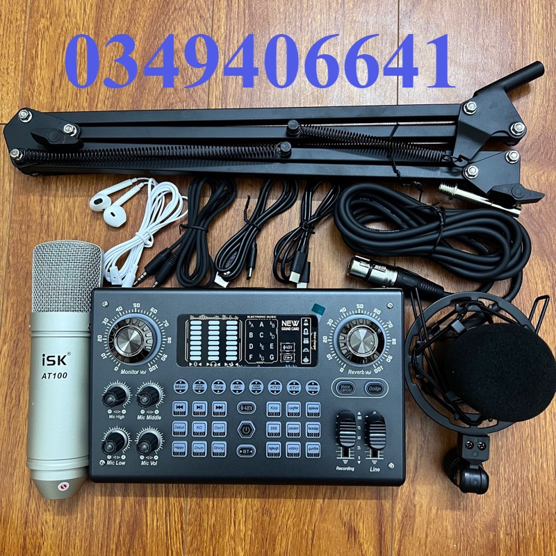 bộ mic live thu âm sound card C100 nguồn 48V + Mic ISK AT100 + Chân Kẹp tai nghe đầy đủ dây kết ...